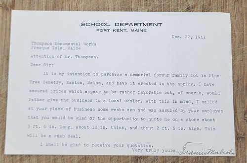 1931 Lettethead Maine Fort Kent School Department | eBay