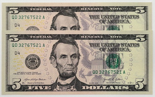 New Uncirculated Five Dollar Bills Series 2021 $5 Sequential Notes Lot ...