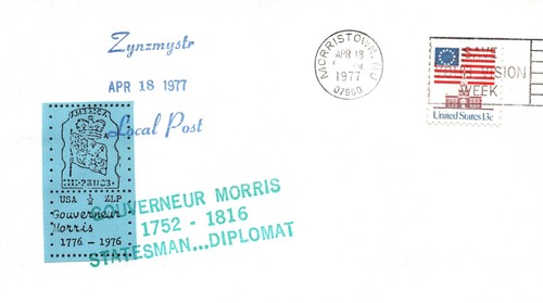 US EVENT PICTORIAL POSTMARK COVER ZYNZMYSTR LOCAL POST GOVERNOR MORRIS ...