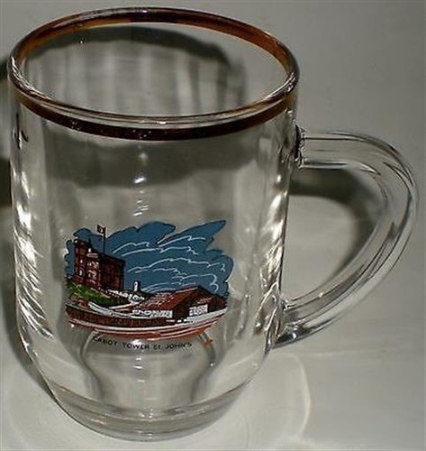 BEER DRINKING MUG GLASS CABOT TOWER ST. JOHN'S GOLD TRIM | eBay