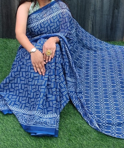 Hand Block Saree Blue Double Line Design | eBay