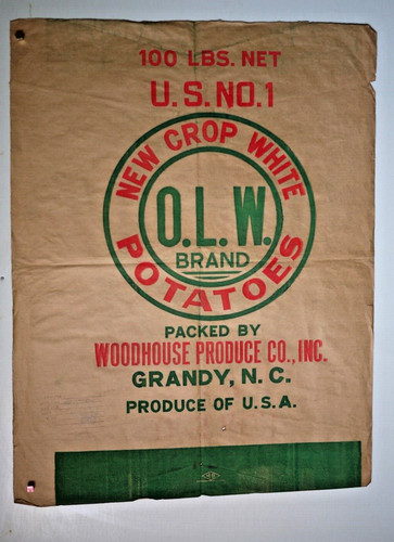 XX LARGE Vintage Paper Sack Bag, O L W POTATOES, WOODHOUSE PRODUCE ...