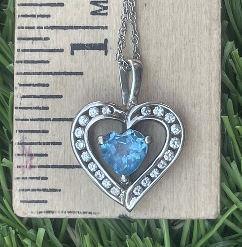 925 Sterling Silver 19" Necklace Sky Blue Cubic Zirconia Topaz Heart ...