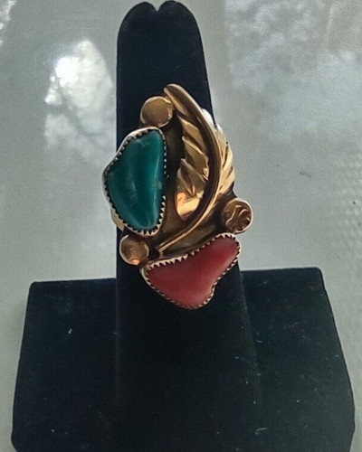 Vintage Ben Eustace Sterling Silver Carved Turquoise, Coral Leaf Ring ...