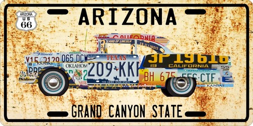 Route 66 Mother Road of America Old Car Weathered Rust Arizona License ...
