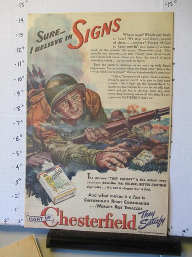newspaper ad 1944 CHESTERFIELD cigarette WWII soldier barbed wire rifle ...