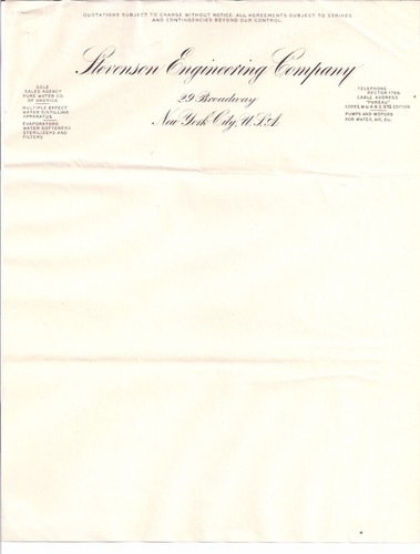 STEVENSON ENGINEERING COMPANY 29 Broadway NEW YORK CITY Rector 1796 ...