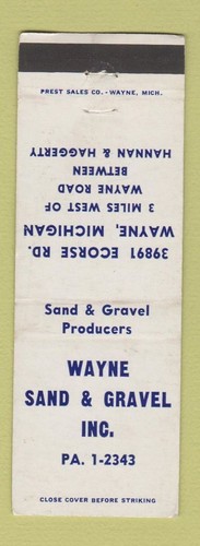 Matchbook Cover - Wayne Sand and Gravel Wayne MI | eBay