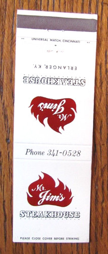 ERLANGER, KENTUCKY MATCHBOOK COVER: MR. JIM'S STEAK HOUSE c1970s ...