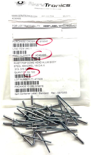 (36 PIECE LOT) AD46ABS, RIVET POP DOME HEAD ALUM BODY STEEL MANDREL 1/8 ...