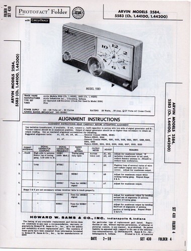 1959 ARVIN 2584 5583 CLOCK RADIO SERVICE MANUAL PHOTOFACT SCHEMATIC 1. ...