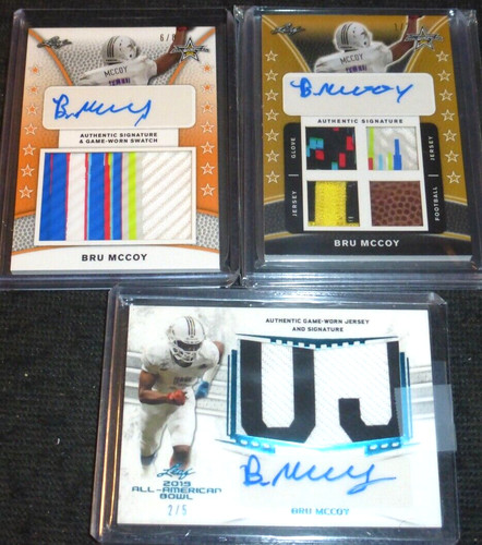 (3) 2019 LEAF BRU MCCOY AUTO #D 1/2 JERSEY PATCH GOLD+SIGNED #D/5+#/8 ...