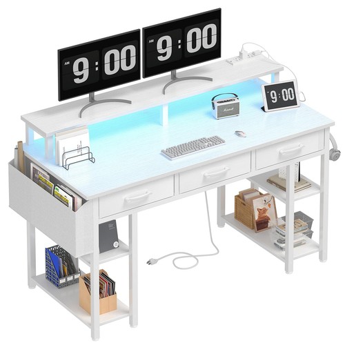 White Computer Desk With Fabric Drawers 47 Inch Home Office Desk With ...