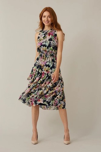 Joseph Ribkoff Sz 16 Midnight Blue-Multi Floral Halter Dress Style ...