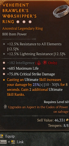 Diablo 4 S9 Season 9 Ring 3GA 182 Intelligence 685 max life 75% ...
