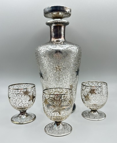 Mid Century Silver Overlay Decanter & Glasses Cosmic Star Saint Graal ...