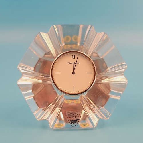 Orrefors Sweden Crystal Desk Clock Minimalist Swiss Movement Hexagonal ...