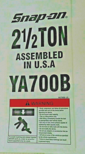 Snap On YA700 B 2 1/2 Ton Floor Jack decal - Label- "Clear decal " Jack ...