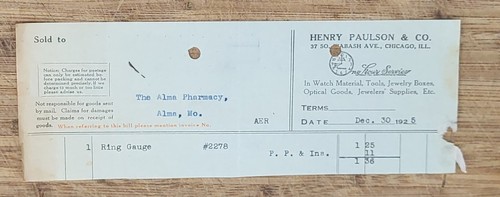 1925 Billhead Chicago Illinois Henry Paulson Watch Tools Optical Alma ...