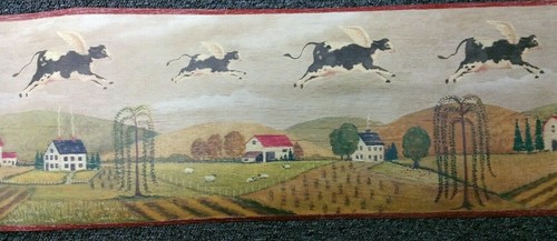 Wallpaper Border Dado Country Farm design with flying Cows over field ...