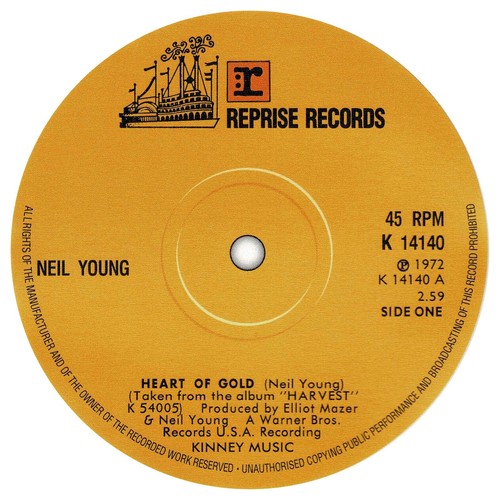 Neil Young. Repro record label sticker. Heart Of Gold. Reprise Records ...