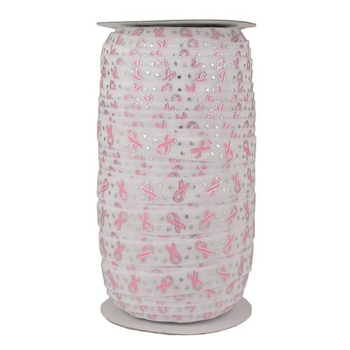 100 Yard Spool - Fold Over Elastic - Breast Cancer Ribbon On White - 5 ...