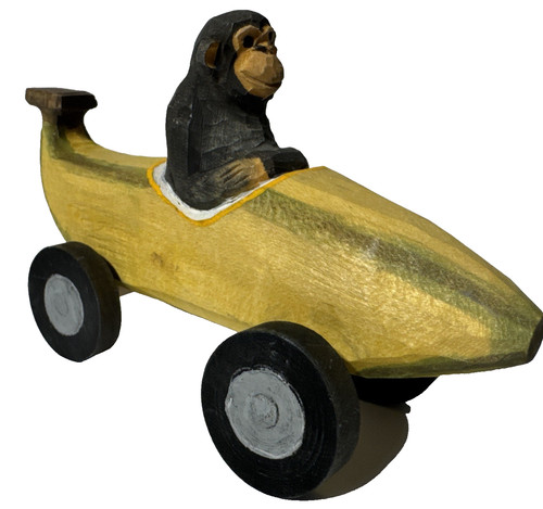 Monkey in Banana Race Car Derby Unique 6" Wood Carved & Painted Folk ...
