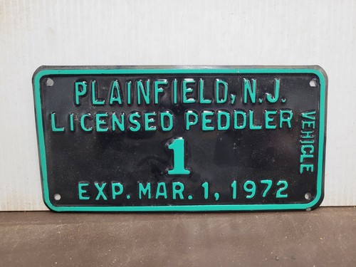 1972 New Jersey PLAINFIELD Licensed Peddler License Plate Tag LOW ...
