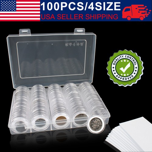 100PCS 30mm Silver Gold Coin Cases Capsules Holder Clear Plastic Round ...