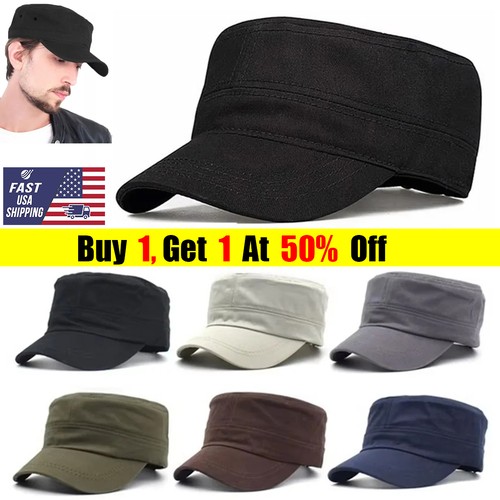 Cadet Army Cap Military Style Adjustable Flat Top Cap Unisex Basic ...