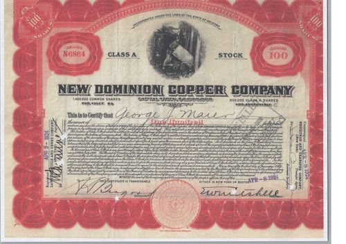 NEW DOMINION COPPER COMPANY......1924 STOCK CERTIFICATE | eBay