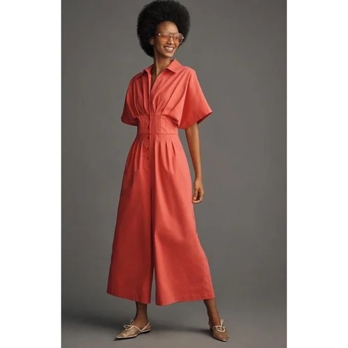 Anthropologie Exquise The Tobie Pleated Jumpsuit Bright Poppy Peach ...