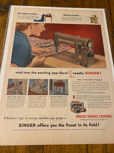 Vintage 1953 Singe Sewing Centers Slant Needle Singer Sewing Machine ad ...