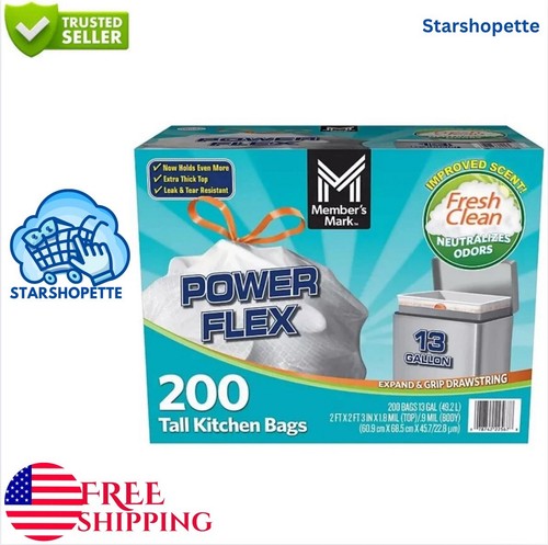 Member's Mark Power Flex Tall Kitchen Drawstring Trash Bags (13 Gallon ...