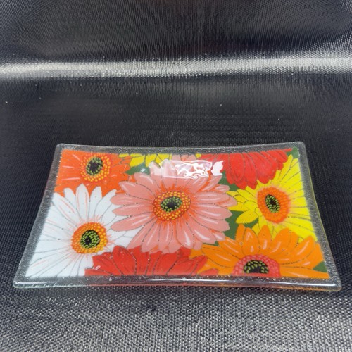 Peggy Karr Gerbera Daisy Rectangle Dish Tray Plate Fused Art Glass ...