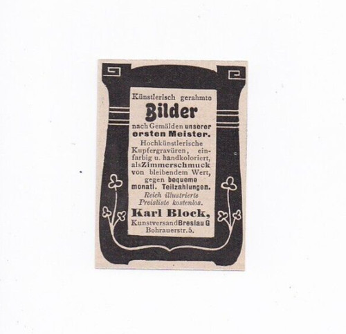 Werbung Kunstversand Karl Block Breslau, gerahmte Bilder Kunst- Anzeige ...