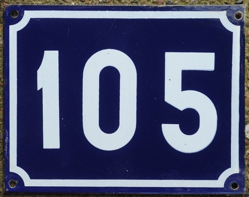 Large old blue French house number 105 door gate plate plaque enamel ...
