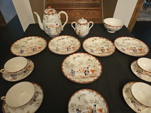 Vntg Kutani Japan Tea Set- Hand Painted Eggshell Porcelain w Geisha Etc ...