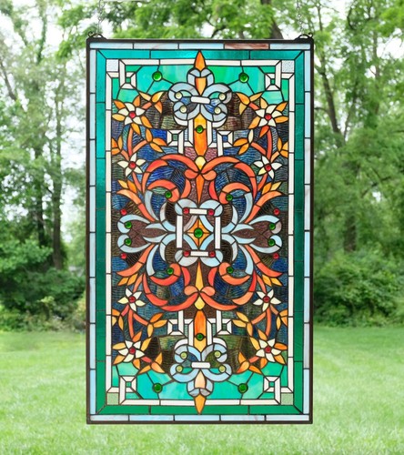 20" x 34" Flower Tiffany Style stained glass window panel Jeweled glass ...