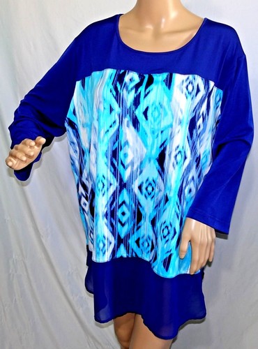 N Touch Women Plus Size 1x 2x 3x Blue White Aztec Tunic Top Blouse ...