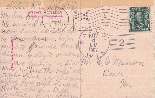 Basco Wisconsin 1907 Doane Ty2/#2 as received on a postcard DPO 1889 ...
