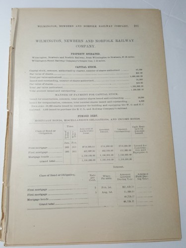 1897 train report WILMINGTON NEW BERN & NORFOLK RAILWAY vintage ...