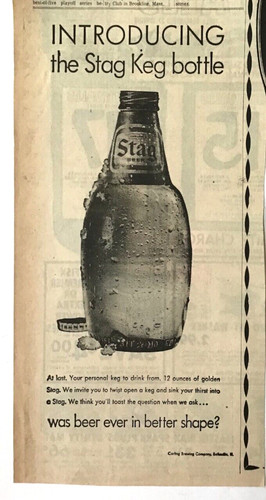 1968 newspaper ad for Stag Beer - Stag Keg bottle introduction, 12 ...