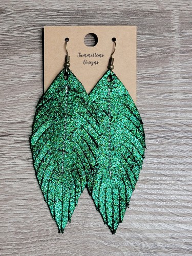 Handmade GENUINE Leather Feather Earrings Black and Green Crackle ...