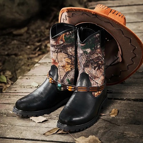 Western Cowboy Men's Mid Calf Boots Riding Knight Shoes Side Zipper ...