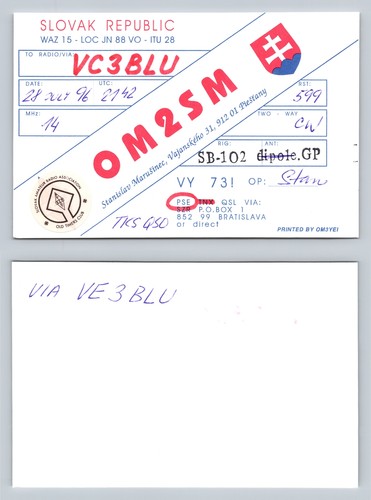 Ham Radio QSL QSO Postcard OM2SM, Piešťany, Slovakia, Slovak Republic ...