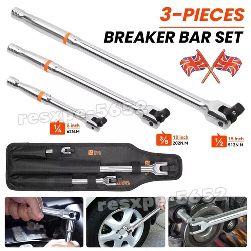 3Pcs Flexi Head Knuckle Power Breaker Bar Wrench Set 1/2" 3/8" 1/4 ...
