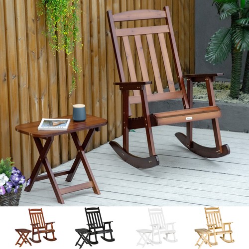 Wooden Rocking Chair Set 2-Piece Outdoor Porch Rocker w/ Foldable Table ...