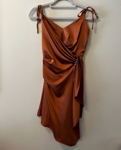 SHEIN Women’s Size XS Draped Neck Dress Tied Sleeve Satin Metallic Rust ...