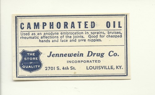 1 Antique Pharmacy Label CAMPHORATED OIL Jennewein Drug Co. Louisville ...